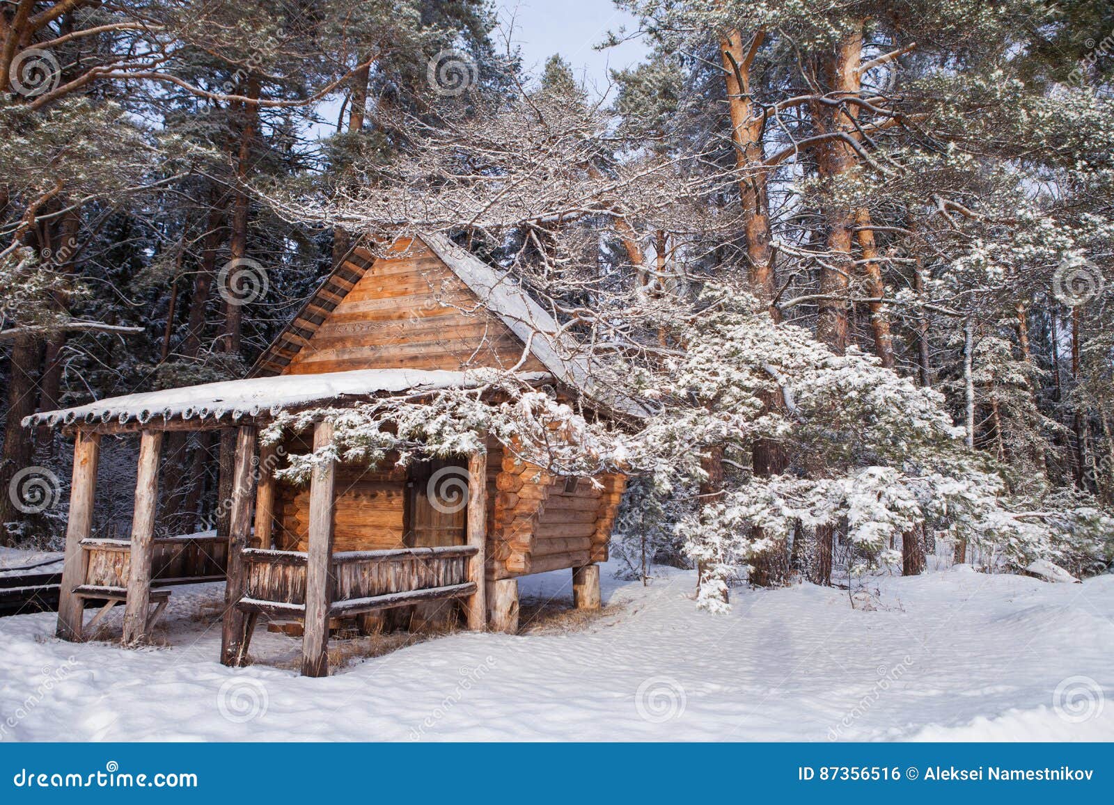 Forest Log Cabin in Winter Woods. Stock Photo - Image of forest, road ...