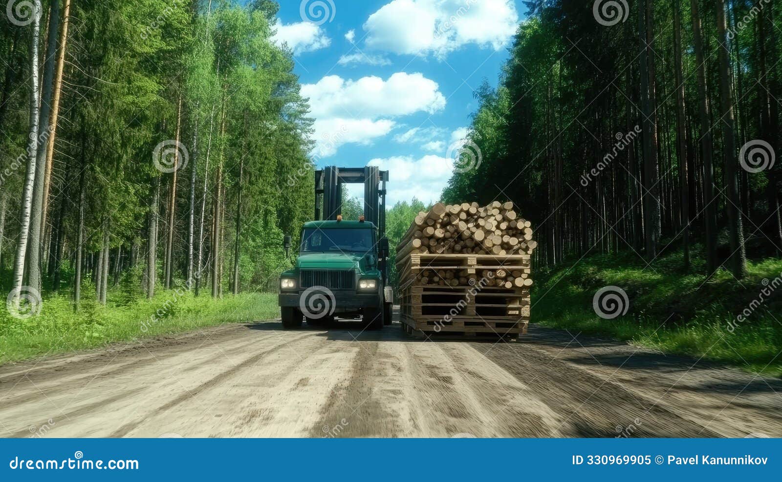 Forest Logging Operation with Forklift Transporting Timber Along Dirt ...