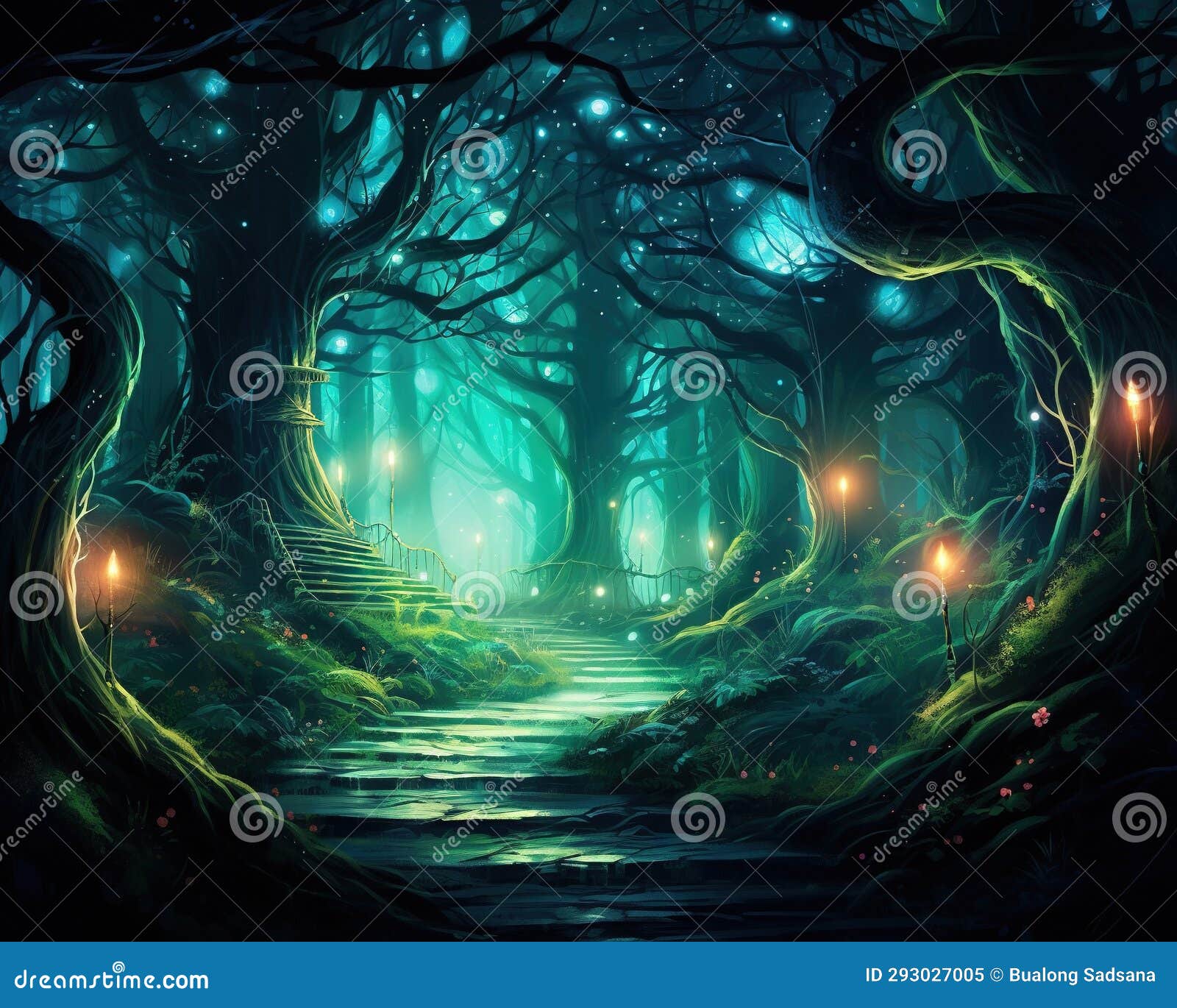 Set With Magic Trees. Fairy Forest. Hand Drawing Isolated Objects On ...