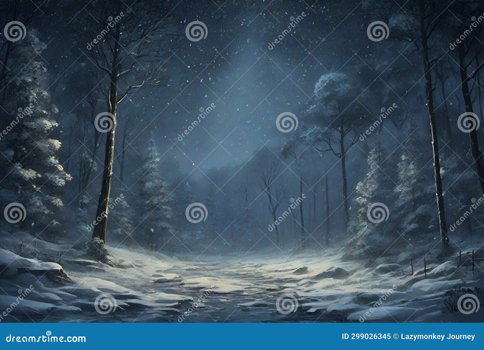 Forest in the Middle of Winter at Night Falling Snow Stock Illustration ...
