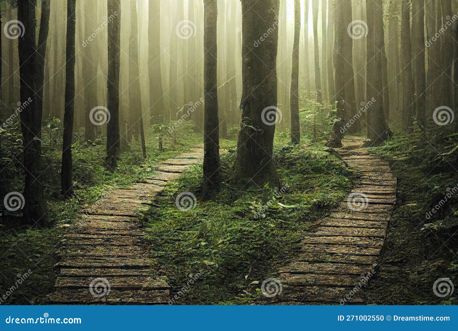 Forest in Misty Haze and Empty Duckboards Path in Forest Stock Photo ...