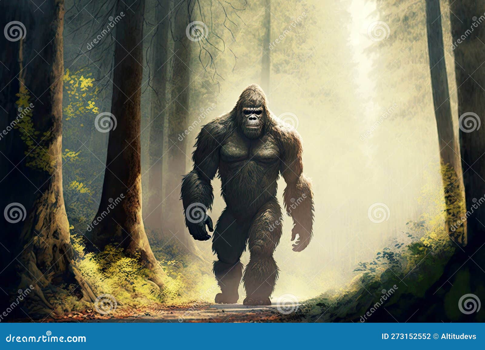 Forest Monster with Bigfoot on Lighted Forest Path among Trees Stock ...