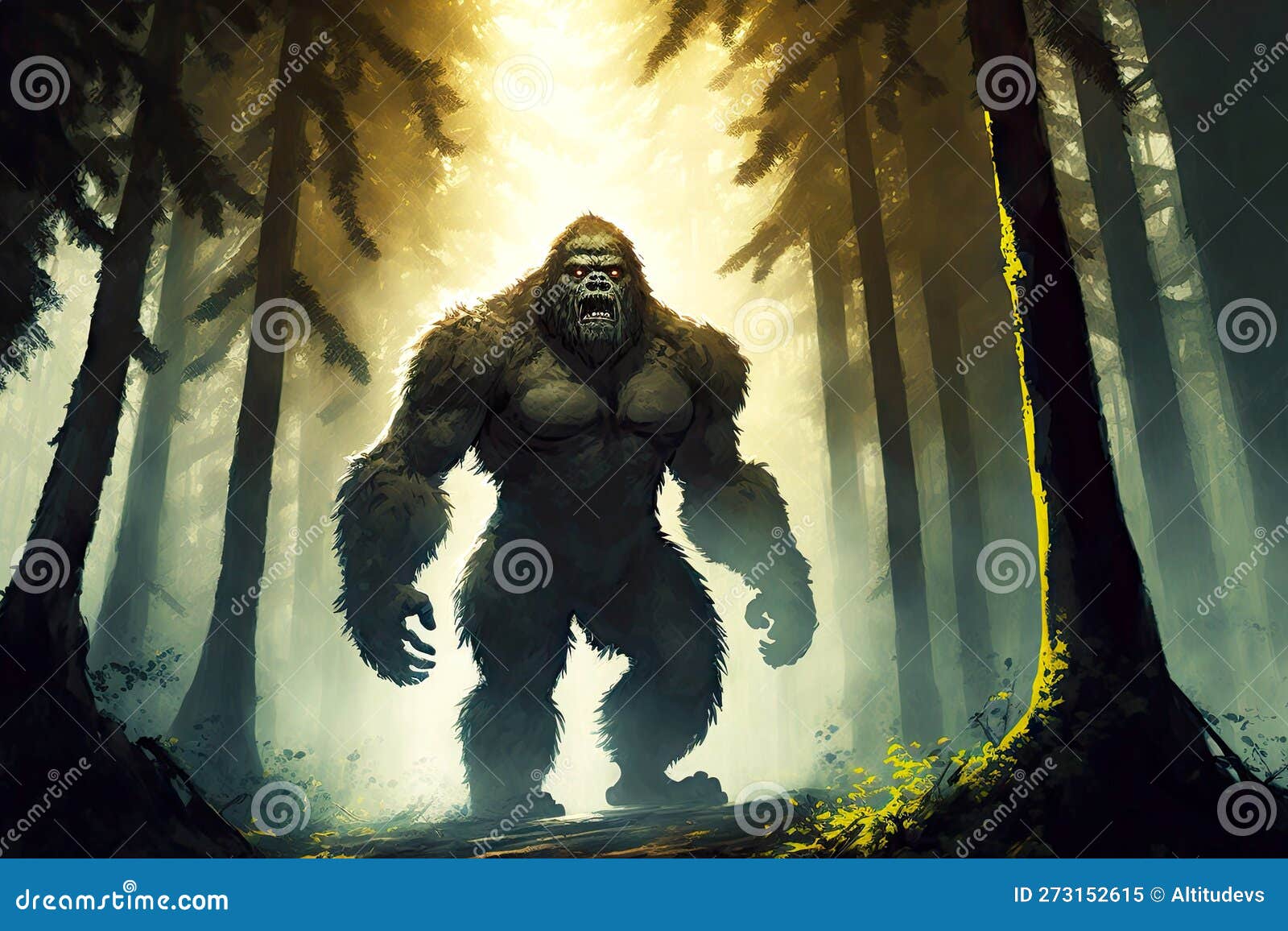Forest Monster with Bigfoot on Lighted Forest Path among Trees Stock ...