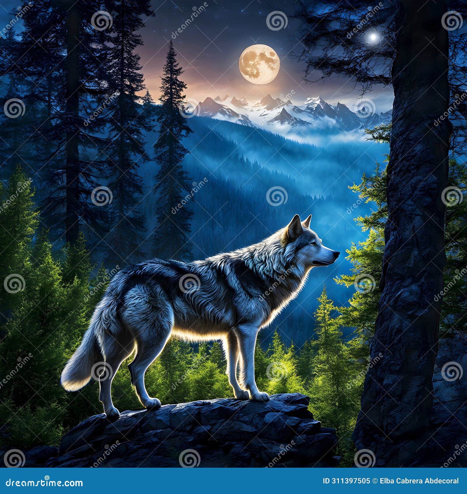 Forest Moonlight Wolf stock illustration. Illustration of freedom ...