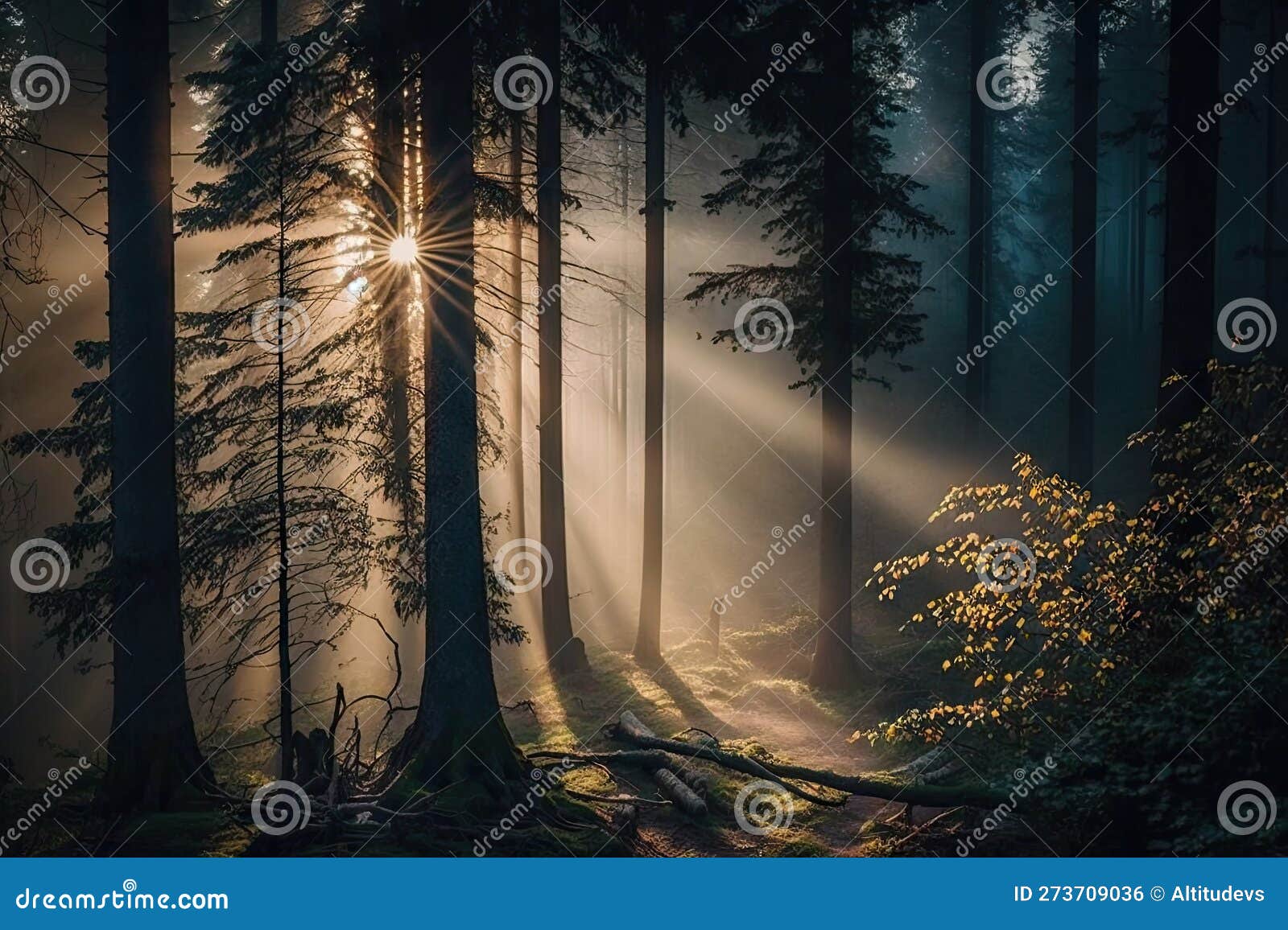 Forest in the Morning, with Mist and Sunlight Filtering through the ...
