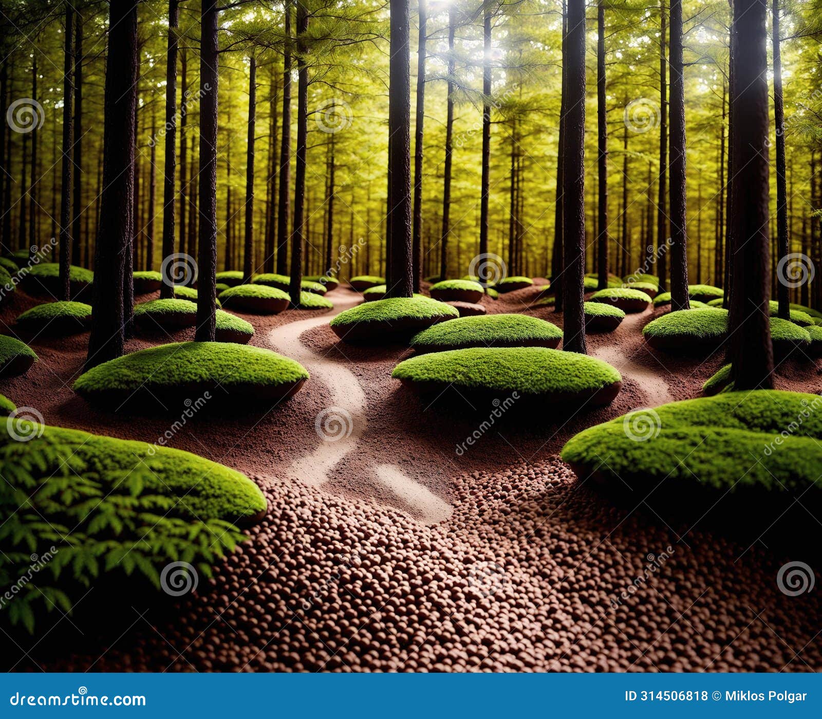 A Forest with Moss Covered Trees and a Path Leading through it. Stock ...