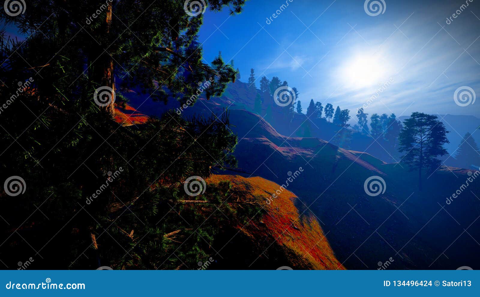 Forest in the Mountains at Dusk 3d Rendering Stock Photo - Image of ...