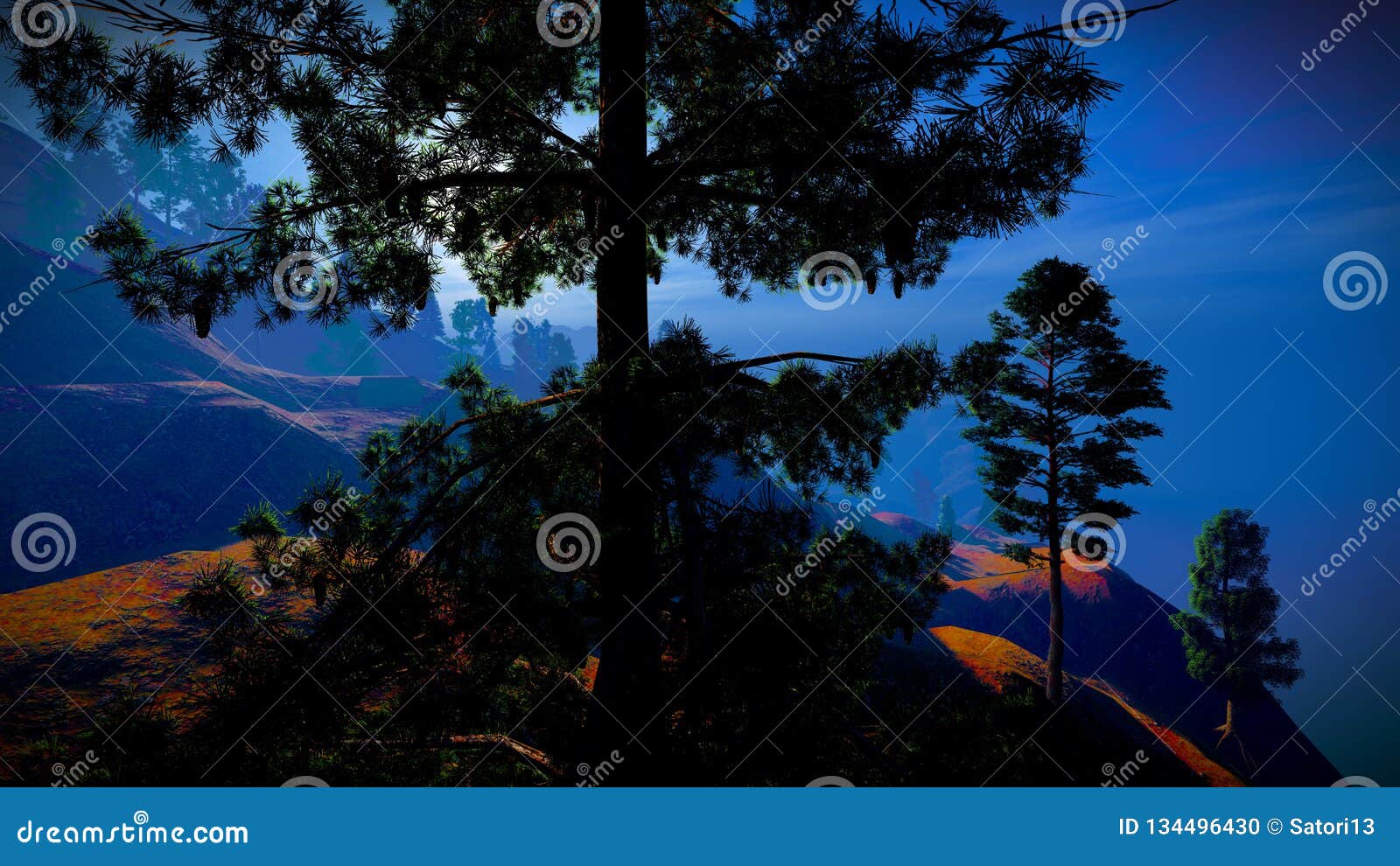 Forest in the Mountains at Dusk 3d Rendering Stock Photo - Image of ...