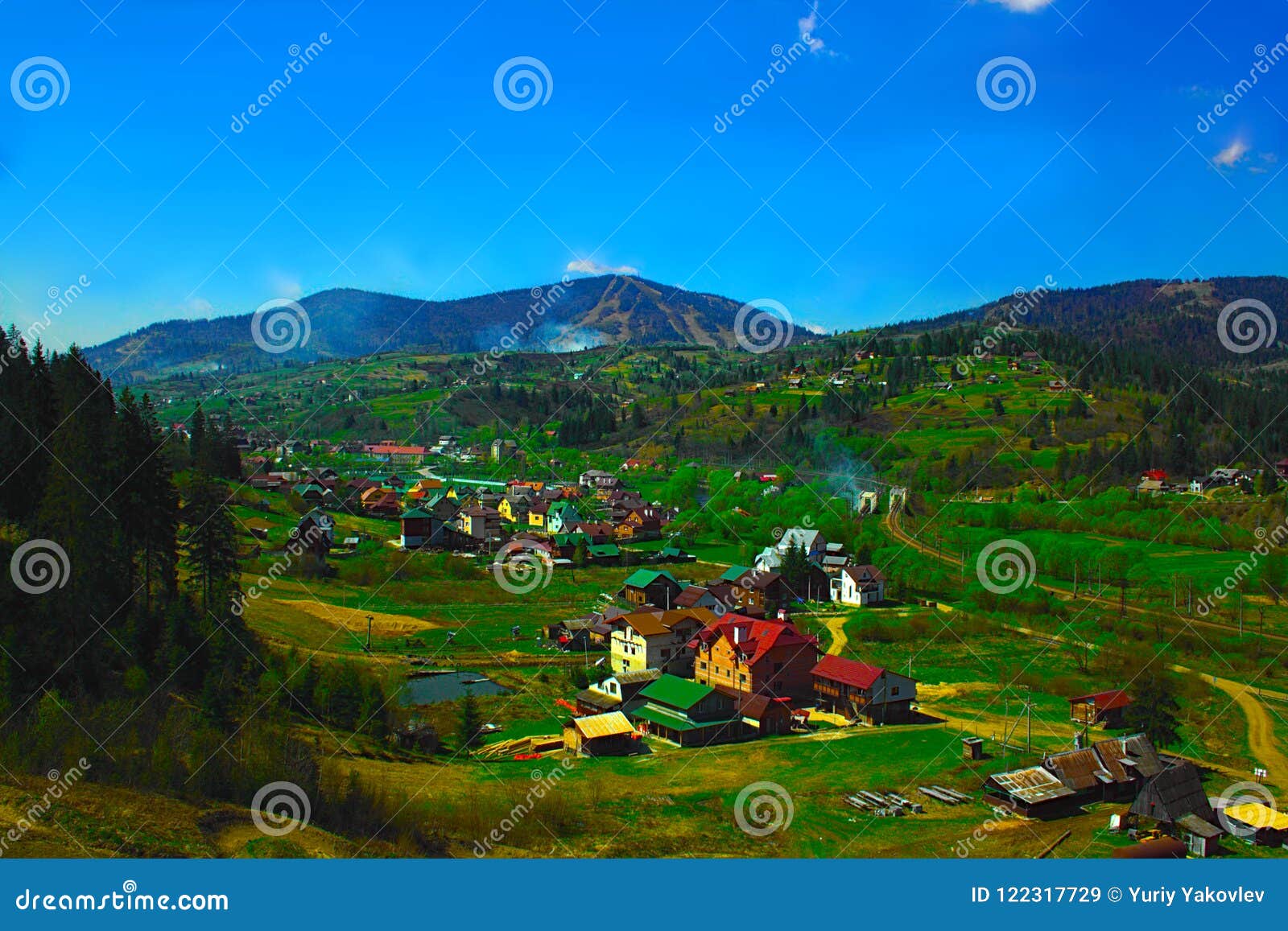 Forest and Mountains, Mountain Village in the Valley Stock Image ...