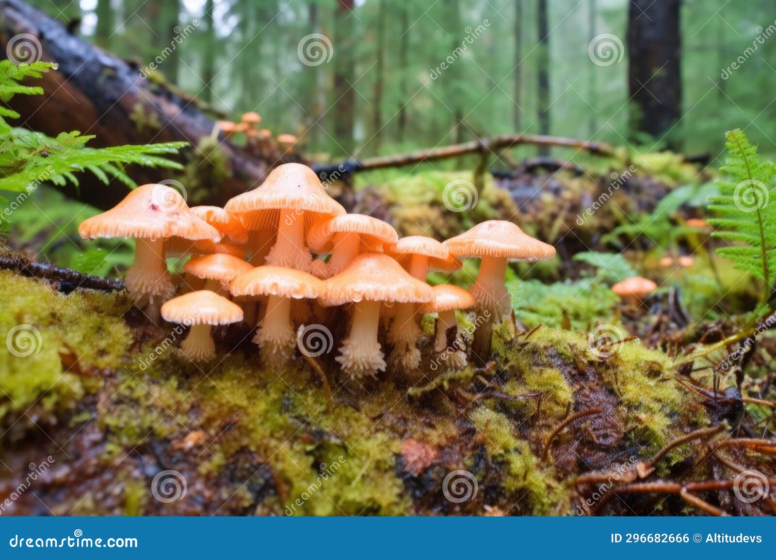 Forest Mushrooms Thriving on a Damp Log Stock Photo - Image of mushroom ...