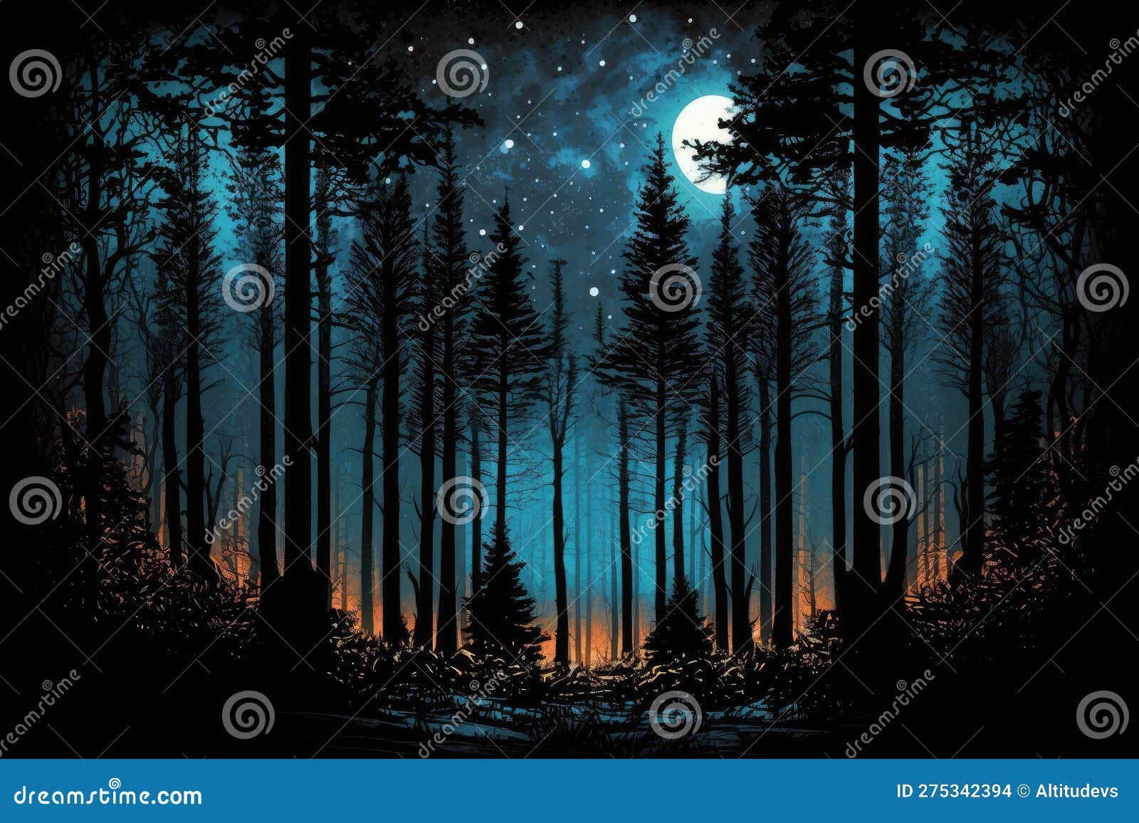 Forest at Night, with the Stars Shining and Moonlight Illuminating the ...