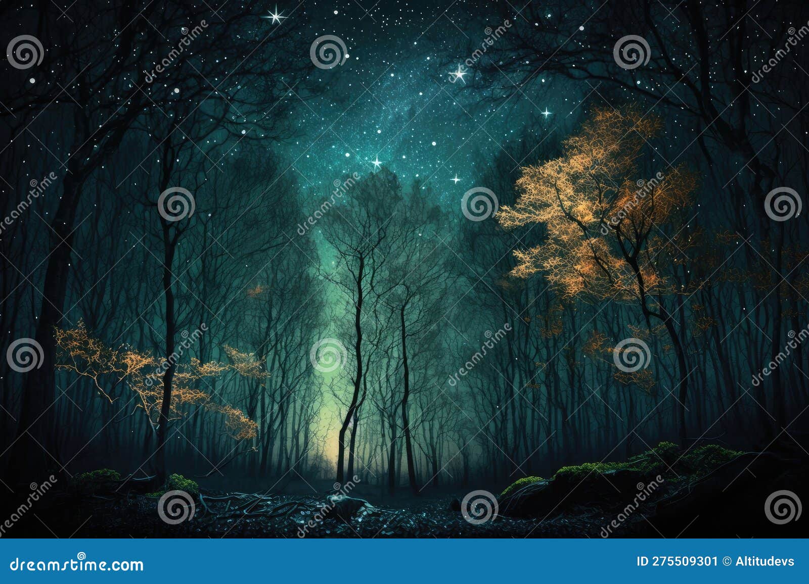 Forest at Night, with the Stars Shining and Moonlight Illuminating the ...