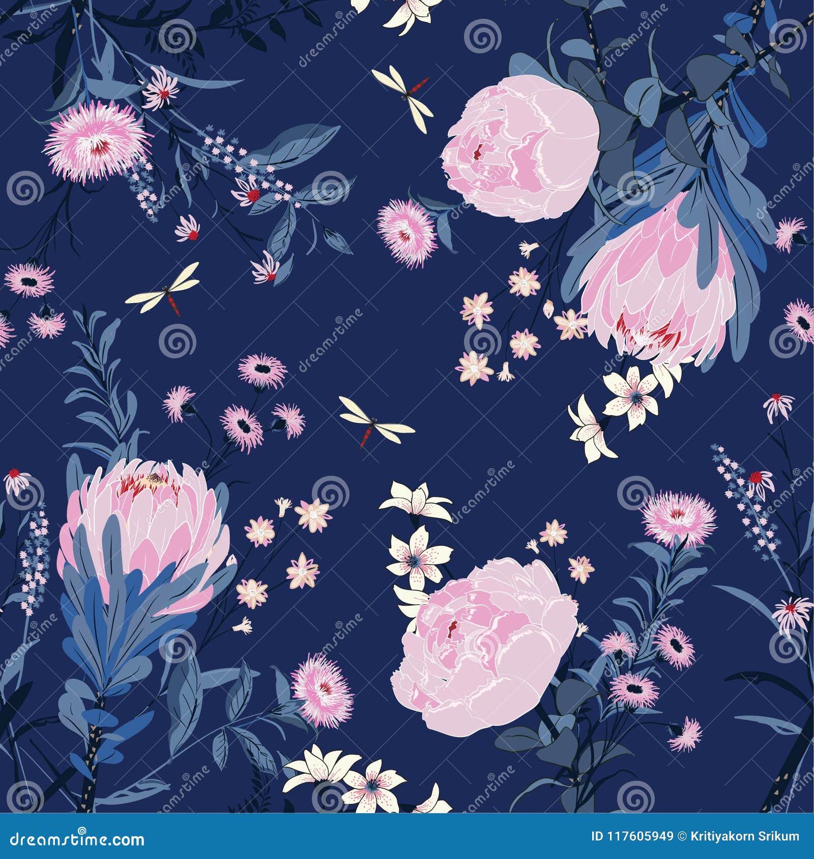 Forest Night Vector Pink Floral Pattern in the Many Kind of Flo Stock ...