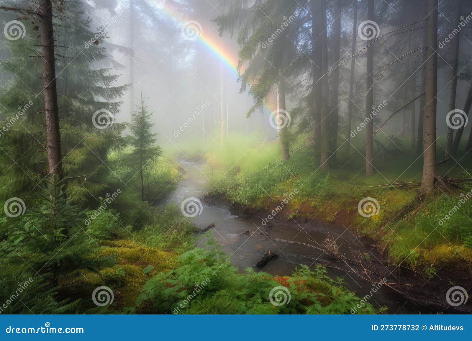 Forest Oasis with Babbling Brook and Rainbow in the Mist Stock ...