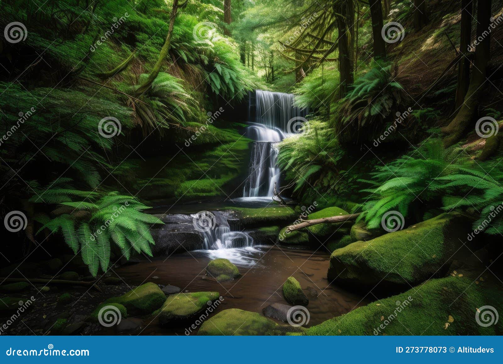 Forest Oasis with Running Stream and Waterfall, Surrounded by Lush ...