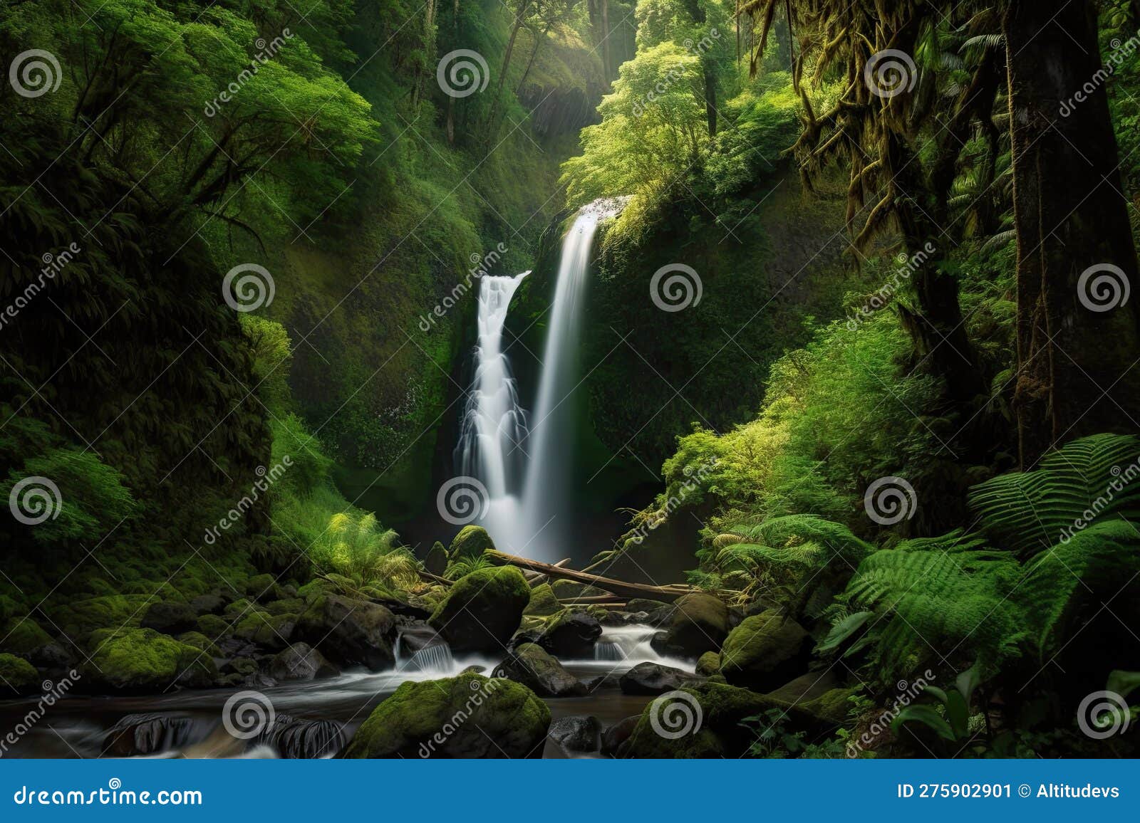 Forest Oasis with Rushing Waterfall, Surrounded by Lush Greenery Stock ...