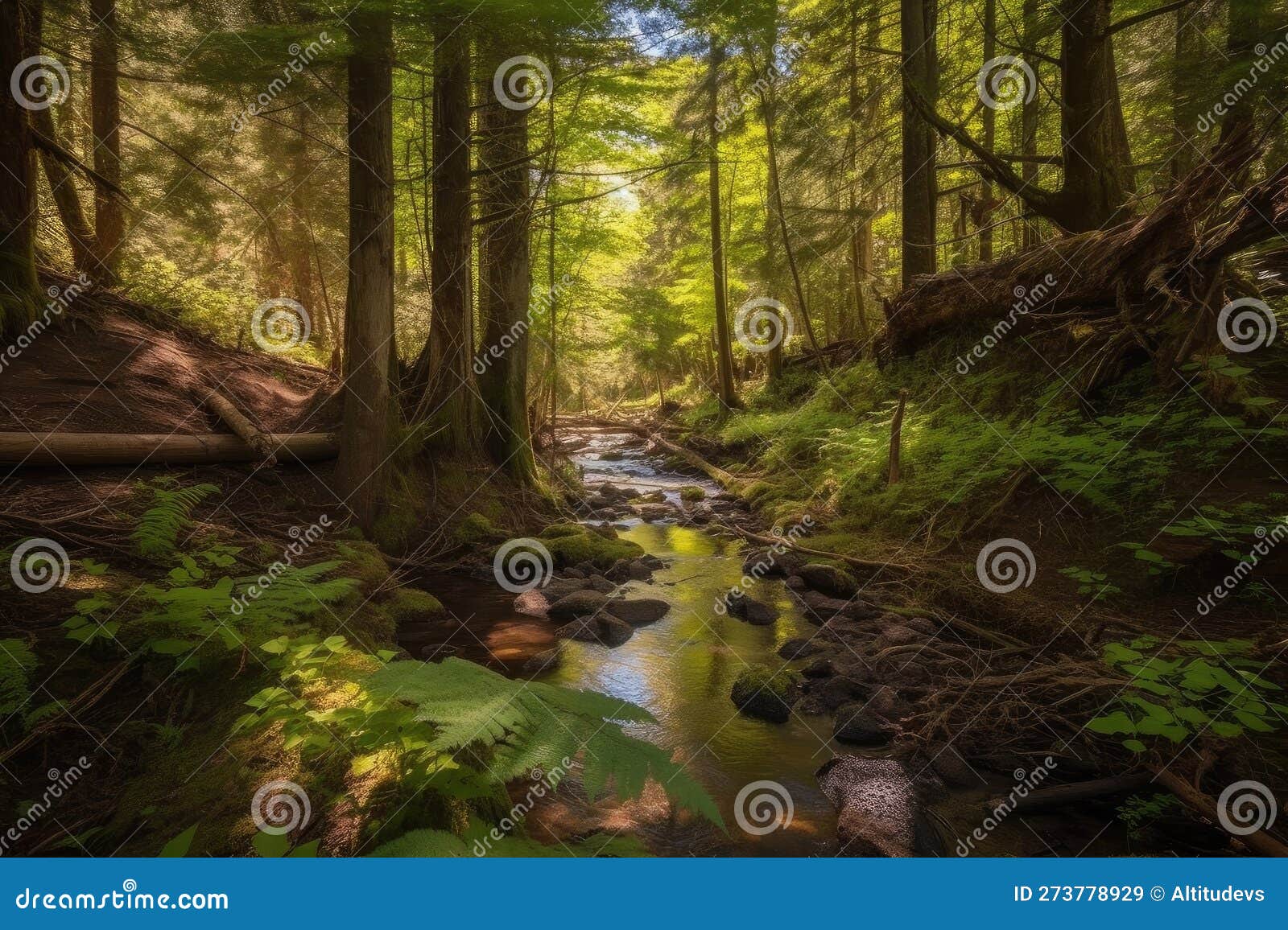 Forest Oasis with Stream, Surrounded by Towering Trees Stock Image ...