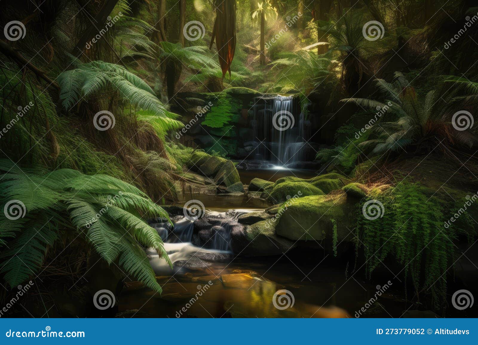 Forest Oasis with Stream and Waterfall, Surrounded by Lush Greenery ...