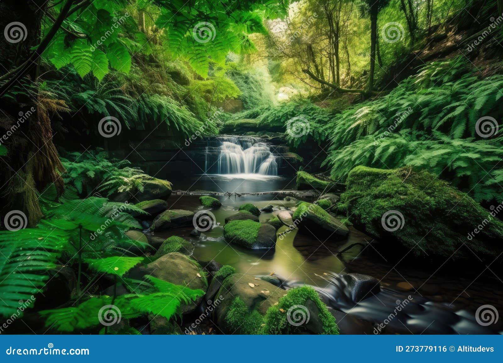 Forest Oasis with Stream and Waterfall, Surrounded by Lush Greenery ...