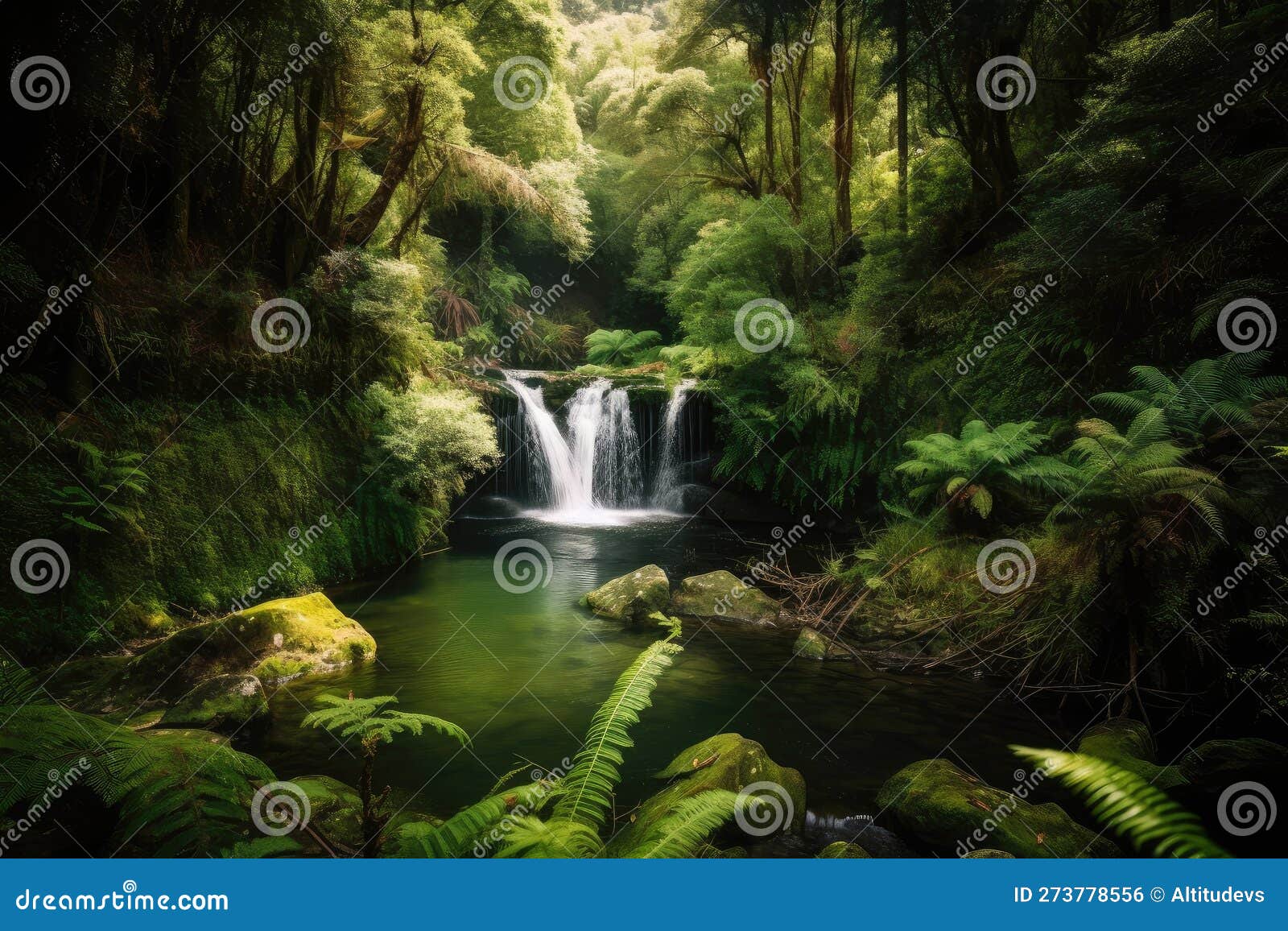 Forest Oasis with Waterfall and Clear Stream, Surrounded by Greenery ...