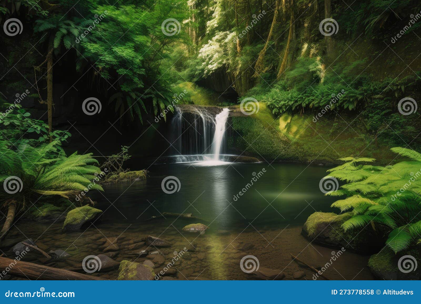 Forest Oasis with Waterfall and Clear Stream, Surrounded by Greenery ...