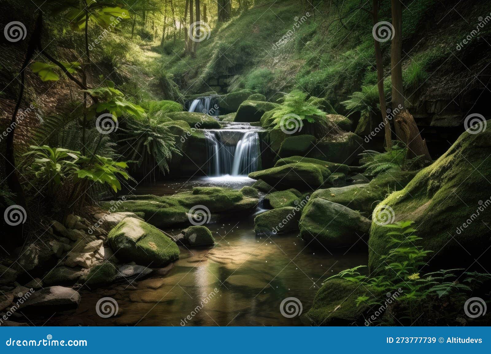Forest Oasis with Waterfall and Crystal-clear Stream Stock Illustration ...