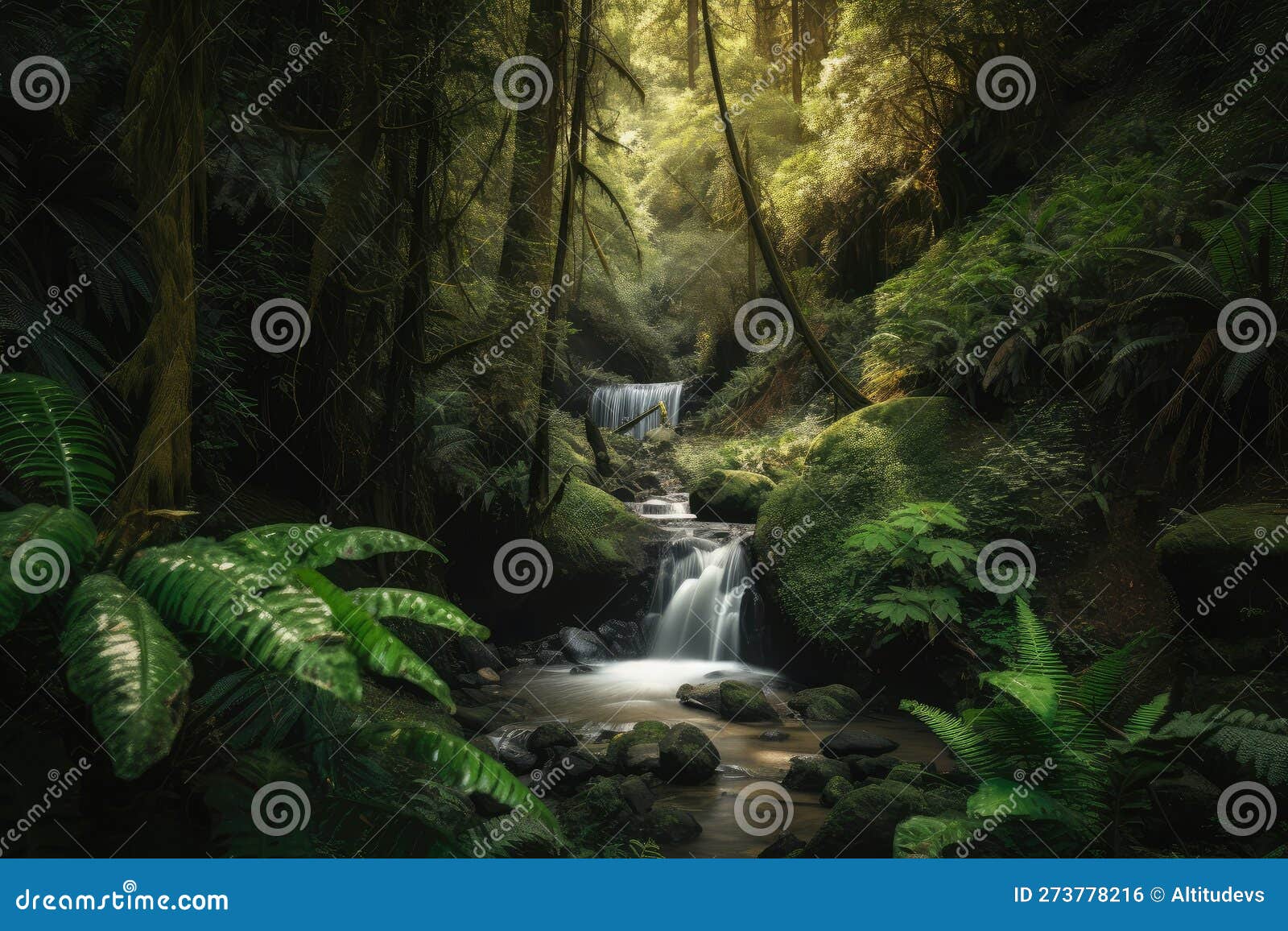 Forest Oasis with Waterfall and Stream, Surrounded by Greenery Stock ...