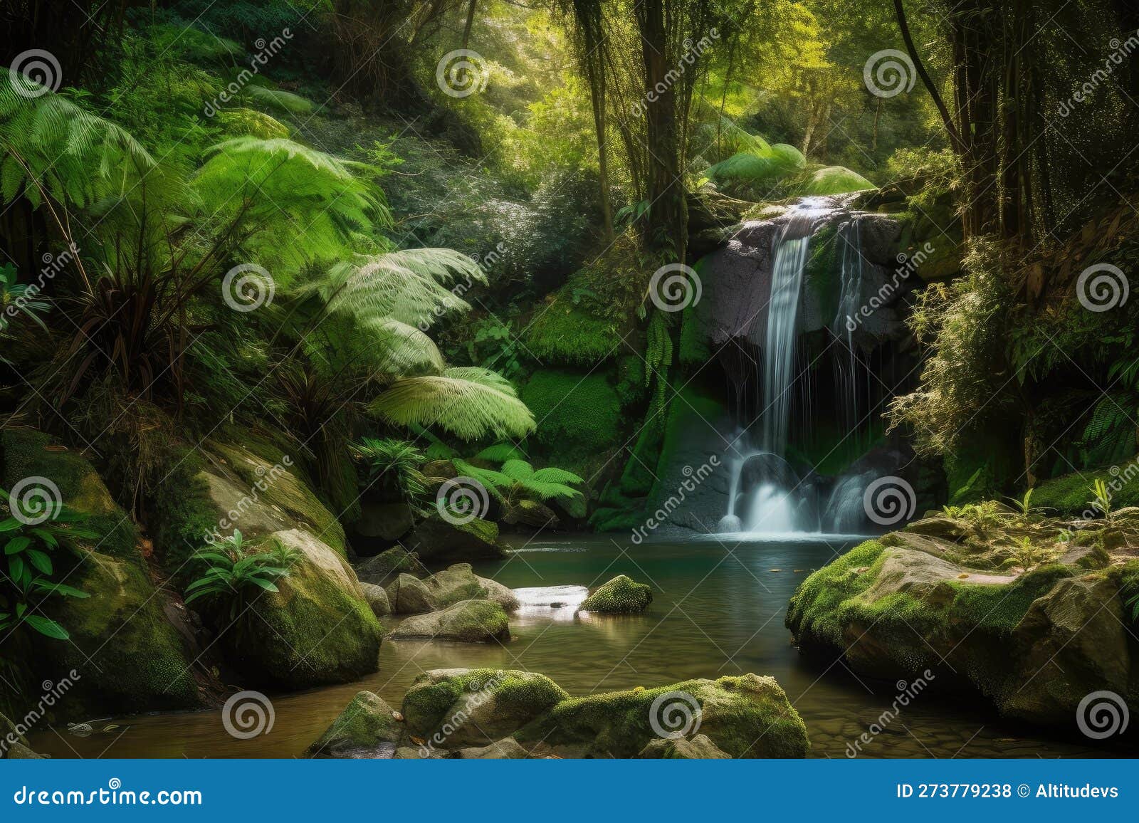 Forest Oasis with Waterfall and Stream, Surrounded by Greenery Stock ...