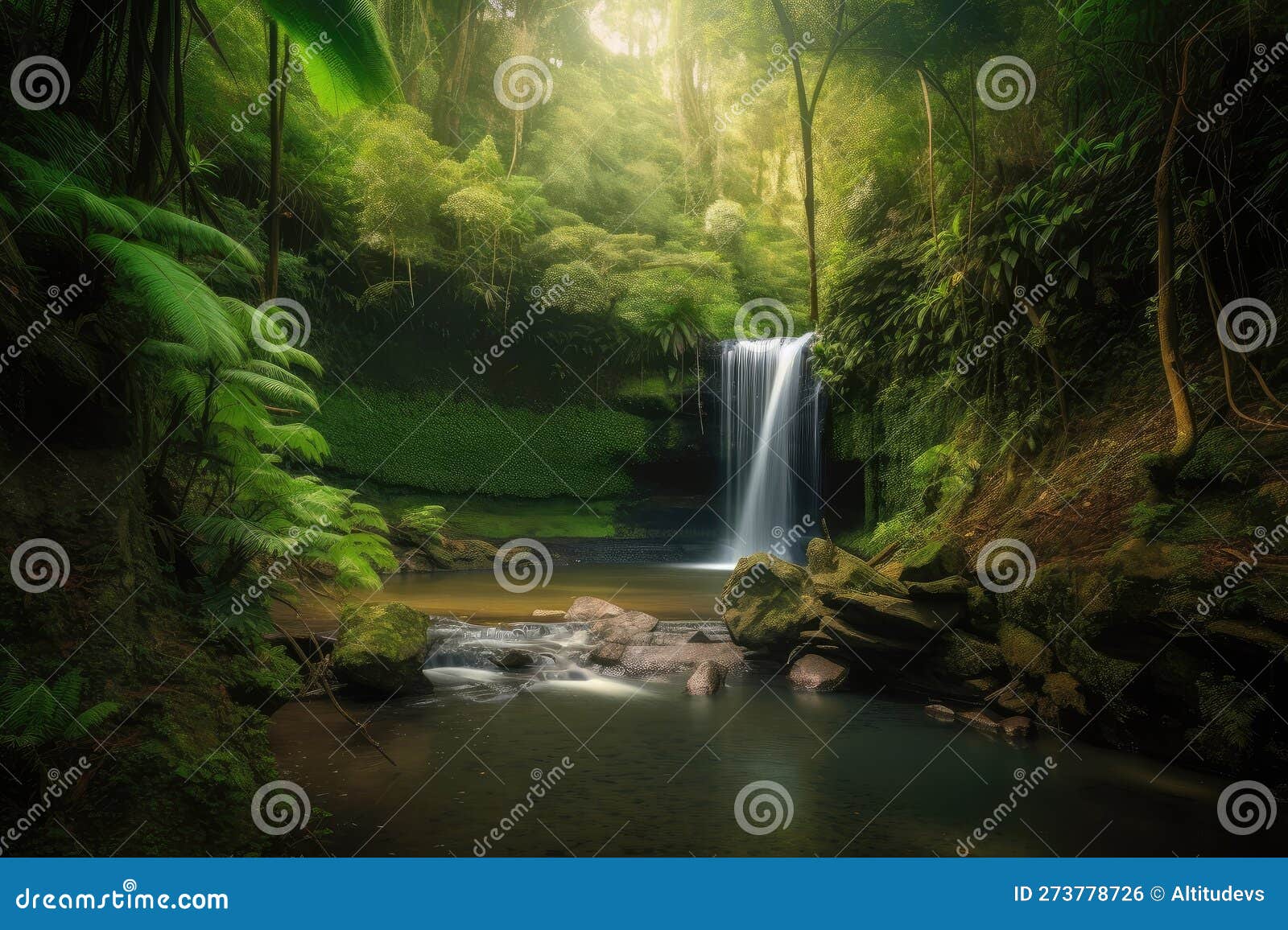 Forest Oasis with Waterfall, Surrounded by Greenery Stock Illustration ...