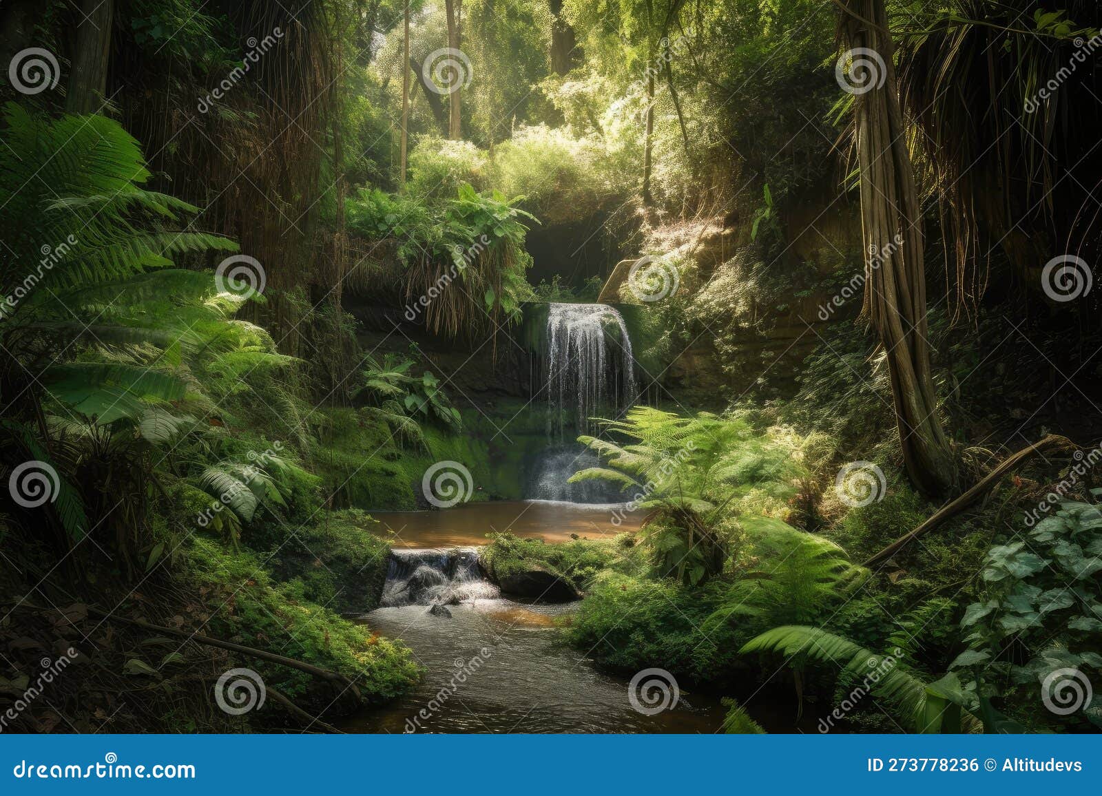 Forest Oasis with Waterfall, Surrounded by Greenery and Wildlife Stock ...