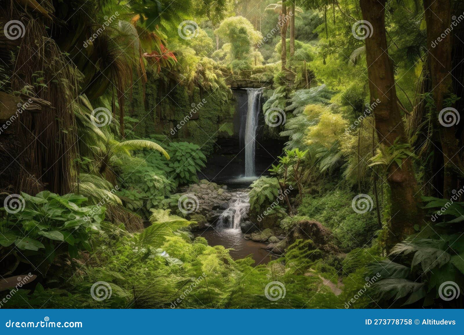Forest Oasis with Waterfall, Surrounded by Lush Greenery Stock ...