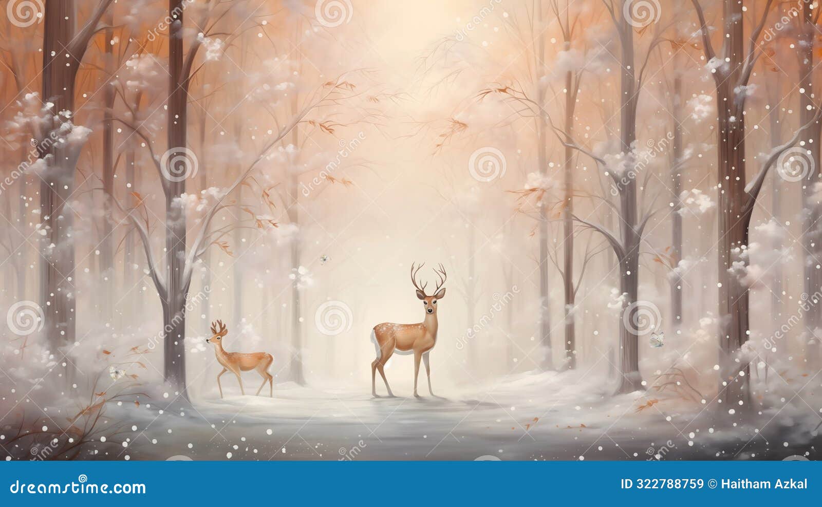 Forest Painting of Snow Falling on Trees with Deer in a Landscape Stock ...