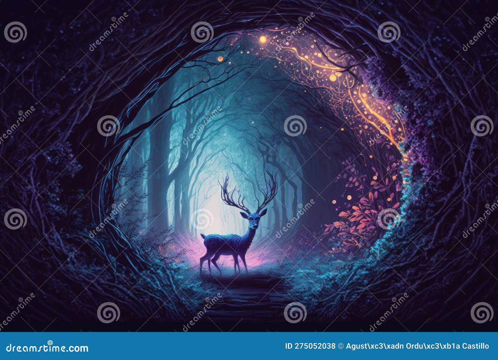 A Forest Path with a Deer in the Middle. Stock Illustration ...