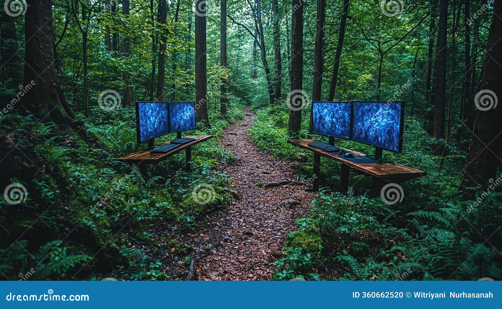 Forest Path, Dual Monitors, Gaming Setup, Nature Backdrop, Remote Work ...