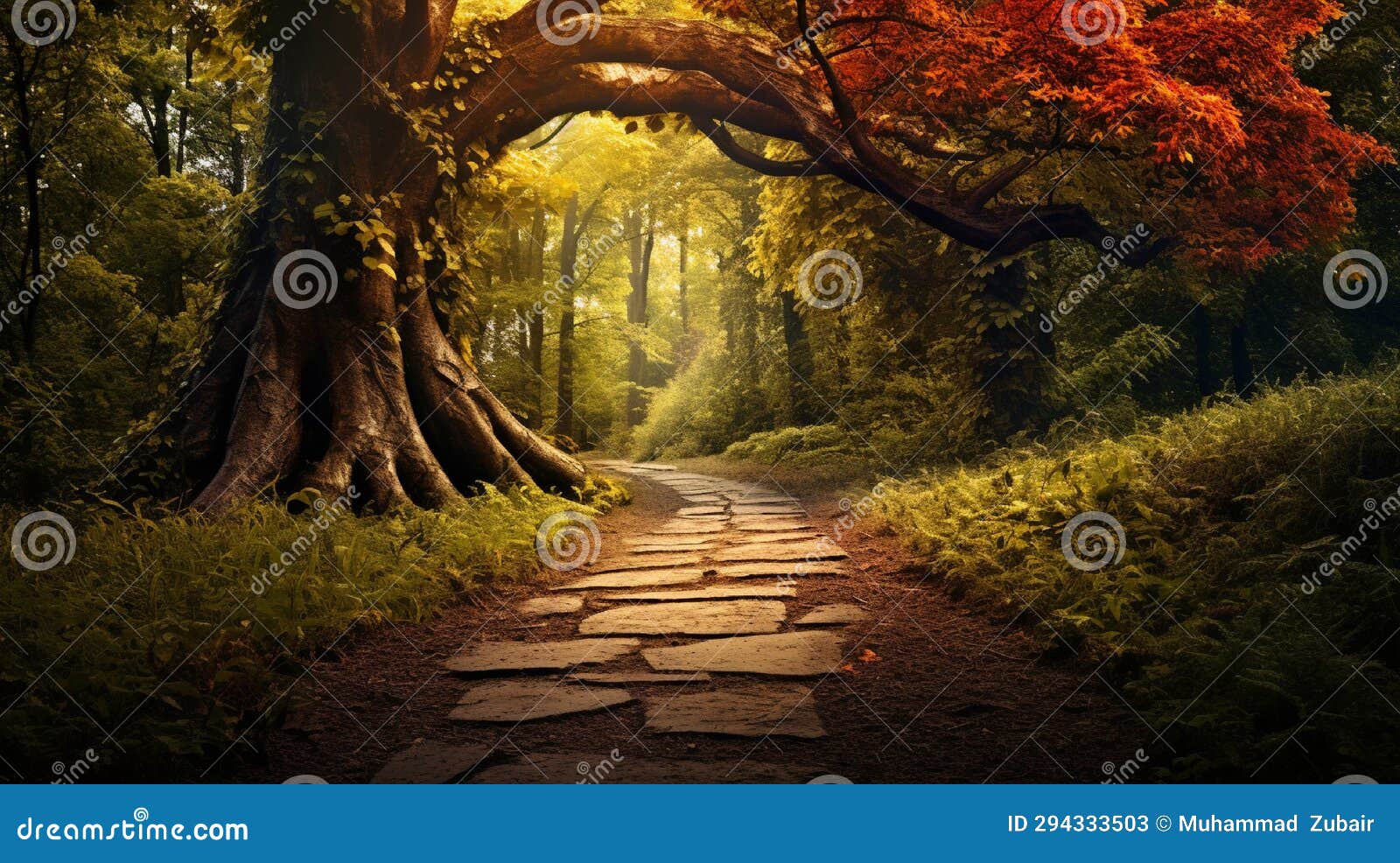 "Captivating Forest Path in Autumn." Stock Illustration - Illustration of green, sunlight: 294333503