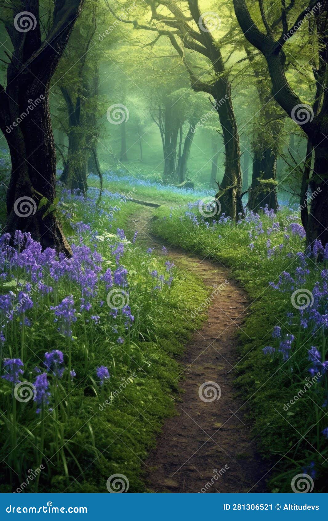 Forest Path Lined with Bluebell Flowers Stock Illustration ...