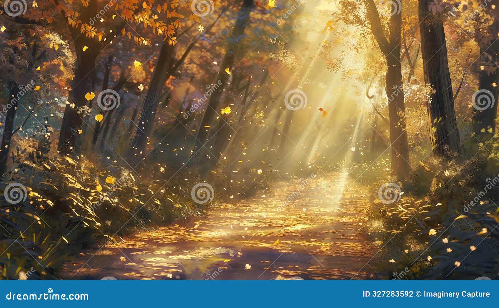 A Forest with a Path in the Middle and Leaves Falling from the Trees ...