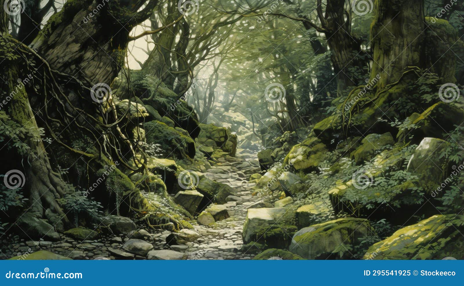 Forest Path: Photorealistic Painting of Woods and Rocky Path Stock ...