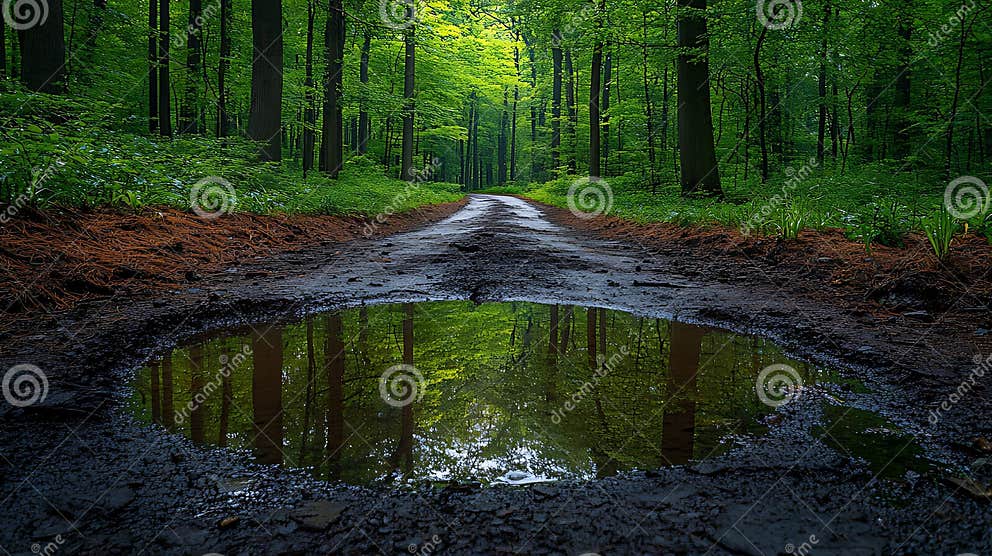 Forest Path Puddle Reflection, Nature Walk, Sunlight Stock Illustration ...