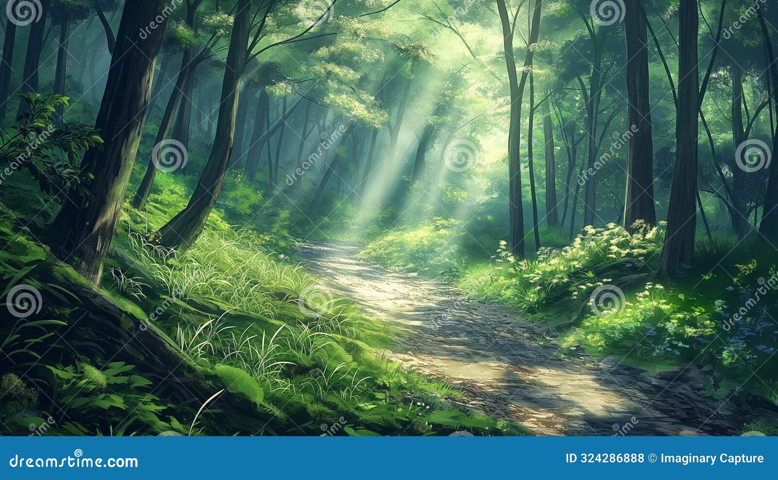 A Forest Path with Sunlight Shining through the Trees. Anime Background ...