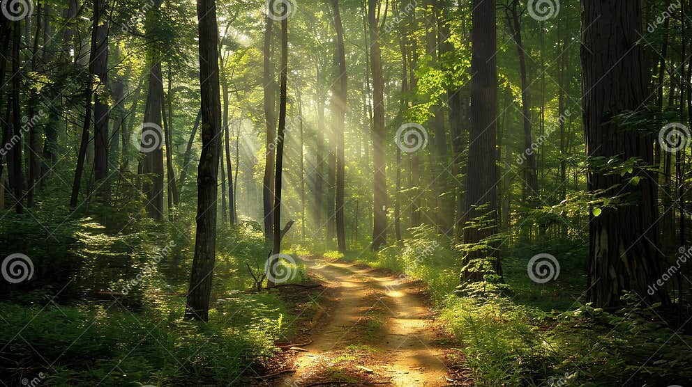 A Forest Path with Sunlight Shining through the Trees Stock Photo ...