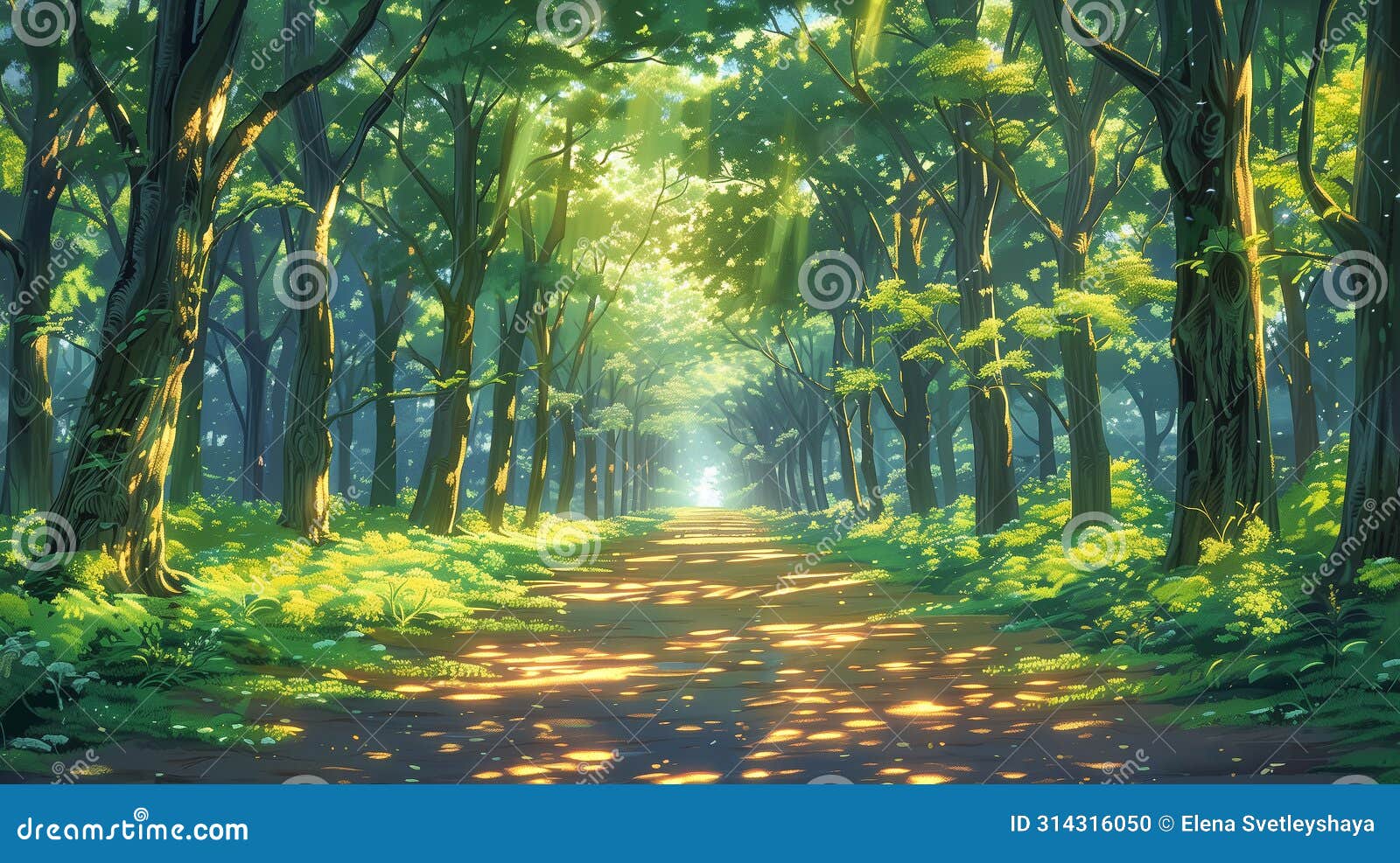 A Forest Path with Tall Trees on Both Sides. Stock Illustration ...