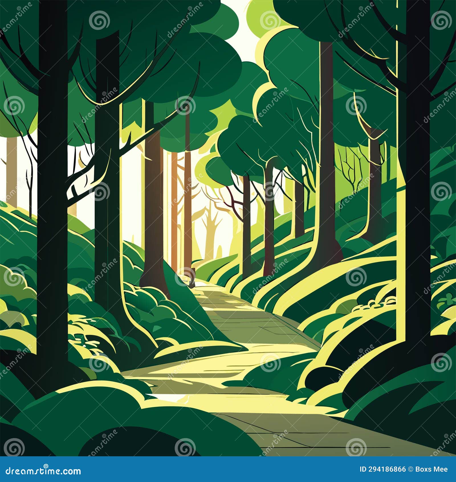 Forest Path with Trees and Bushes. Vector Illustration in Cartoon Style ...