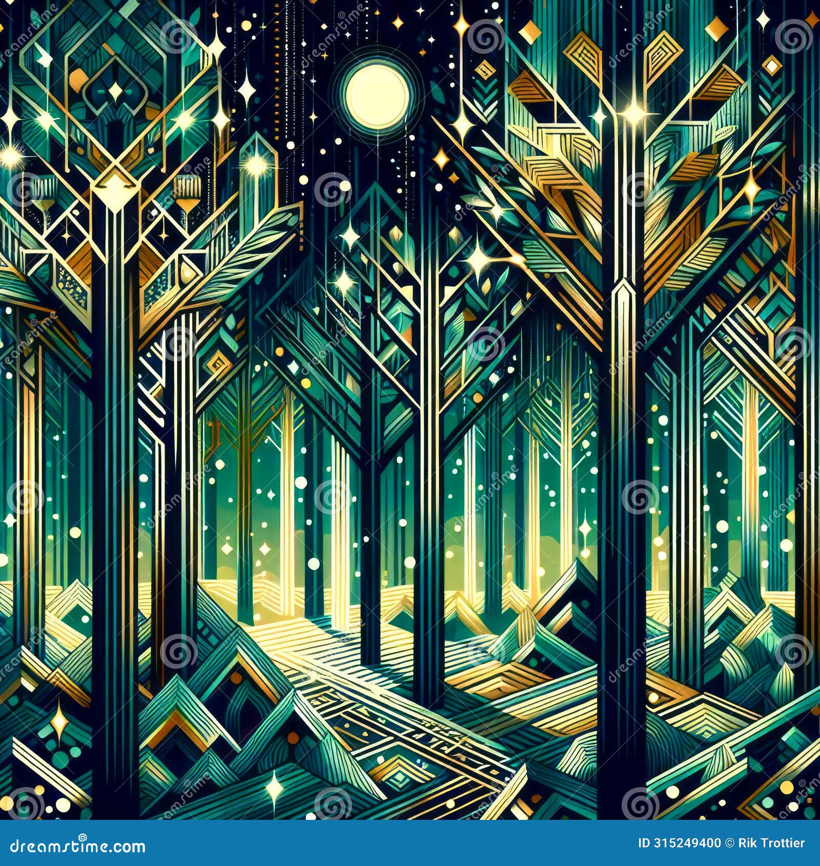 Forest Path in Art Deco Style Stock Illustration - Illustration of ...