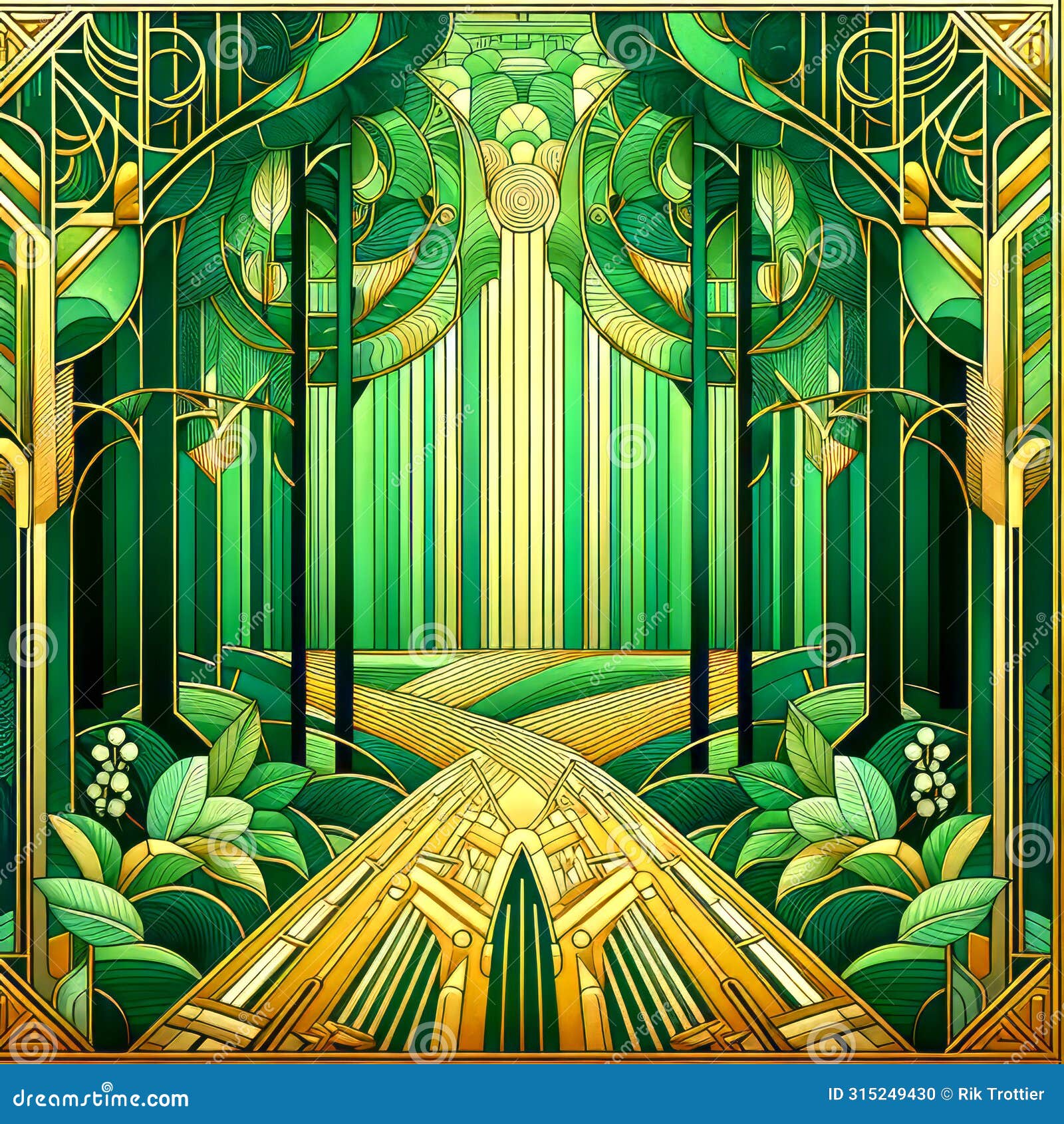 Forest Path in Art Deco Style Stock Illustration - Illustration of ...