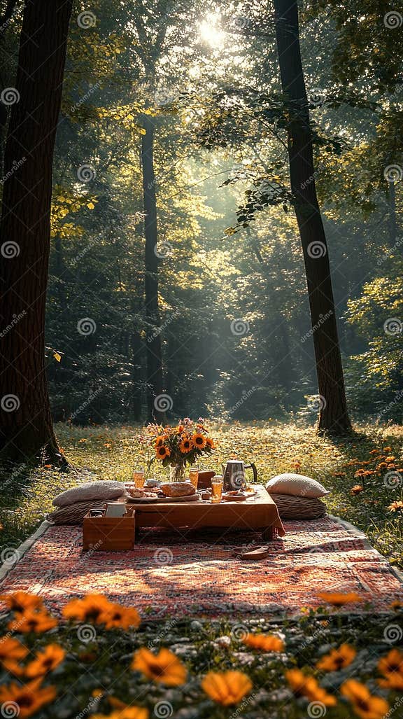 Forest Picnic Table Setting with Sunbeams - Illustration Stock ...