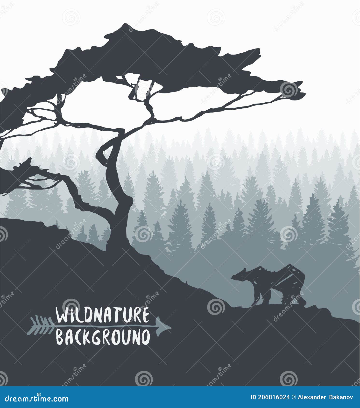 Forest Pine Tree Bear Silhouette Drawn Vector Stock Illustration ...