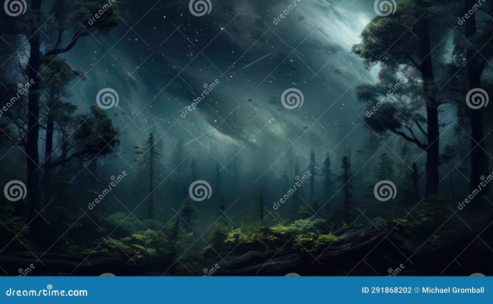 Forest with Pine Trees at Night in Nebula with Stars Created with ...