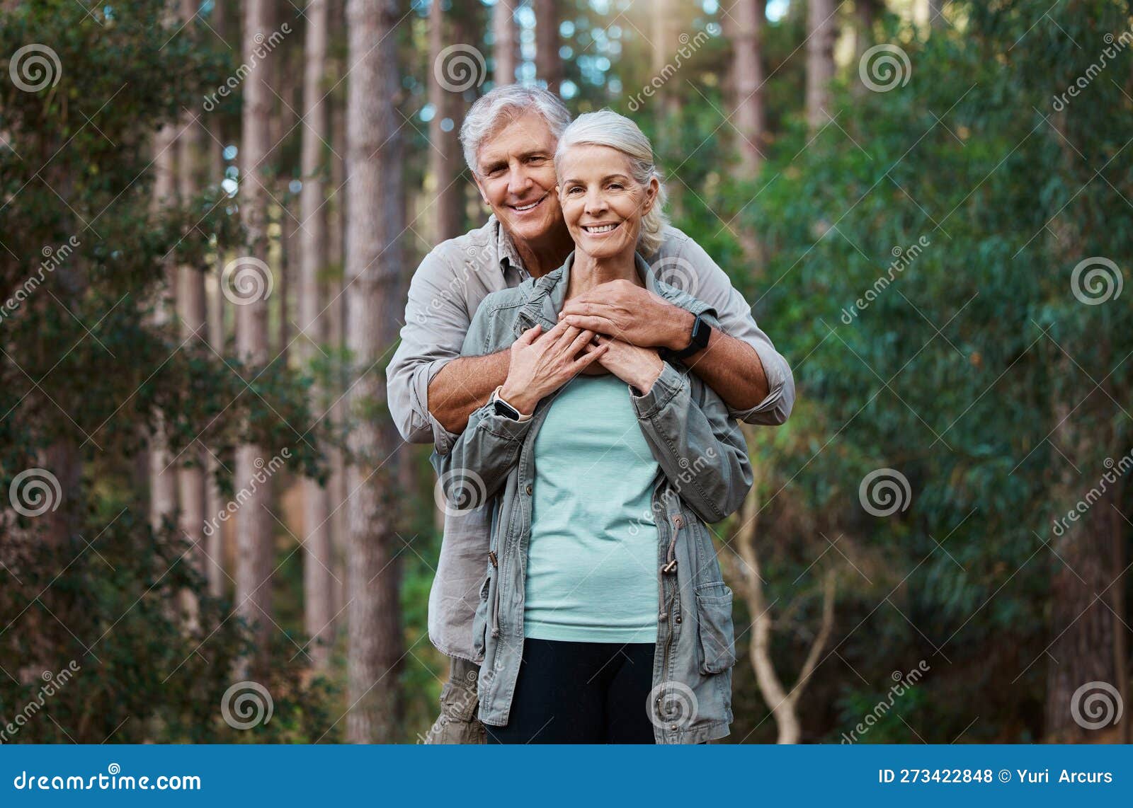 Forest Portrait And Senior Couple Hug For Love Retirement Wellness