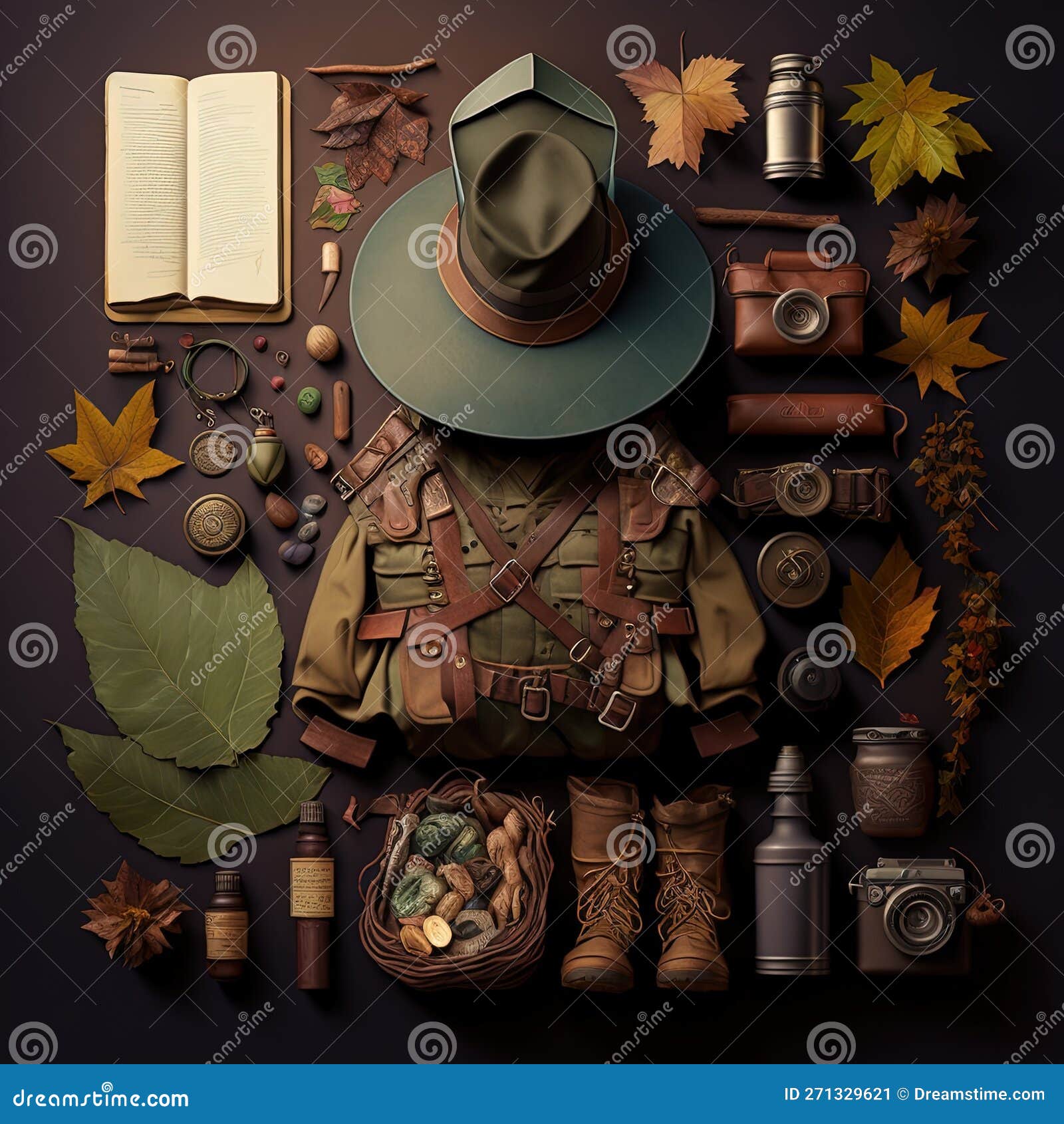 Forest Ranger Costume and Props, Knolling Layout. Generative AI Stock ...